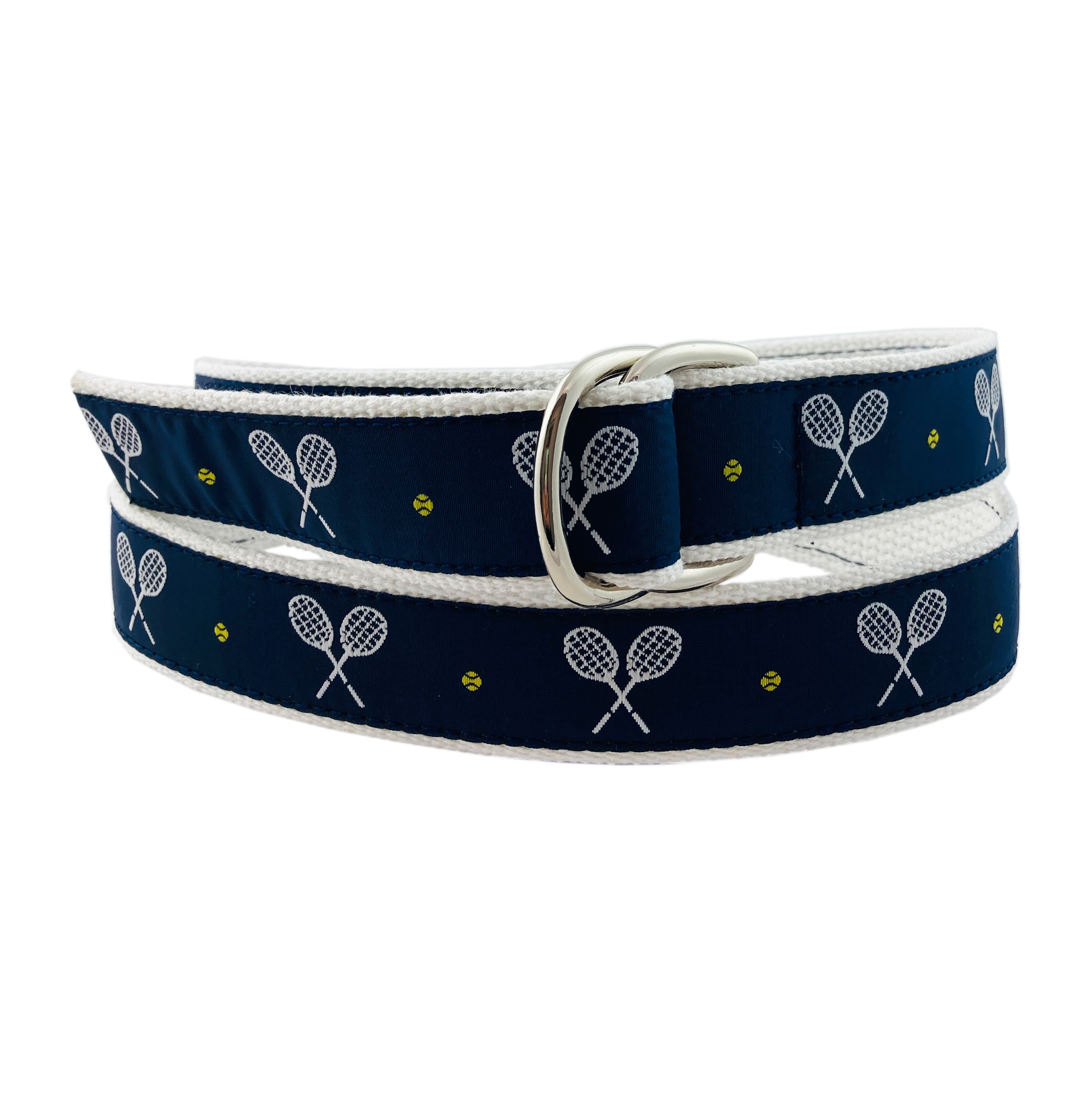 D-Ring Tennis Motif Belt on White Cotton Web: Eliza B & Leather Man Ltd
