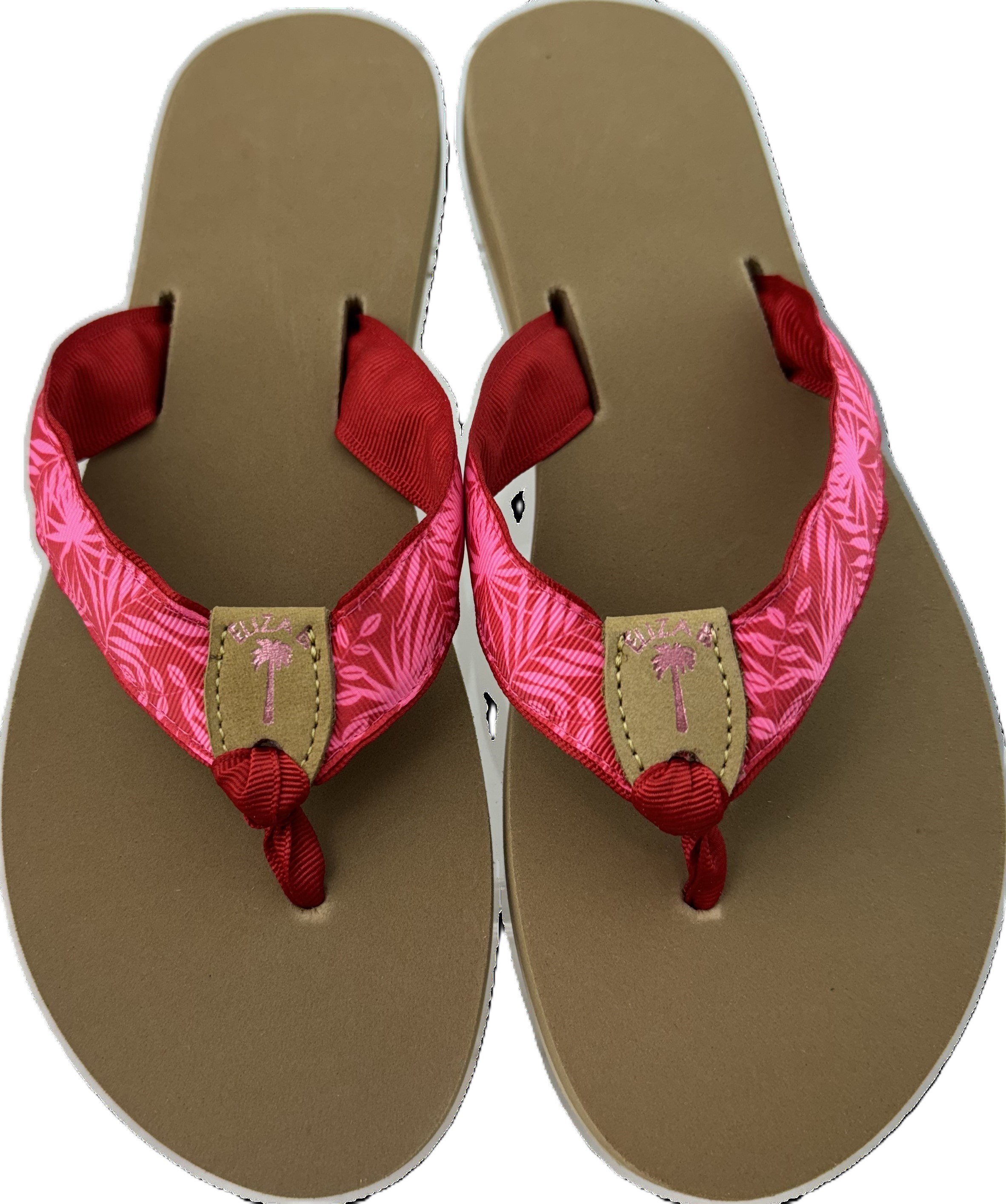 Pink Palm Fronds 1" Ribbon Sandal with red back and Toe and Tan Eliza B ...